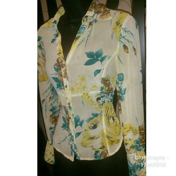 A-Line | Tops | Yellow Floral Print Sheer Aline Button Down 8 | Poshmark